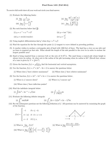 Math Fall Final Final Exam Fall To Receive Full