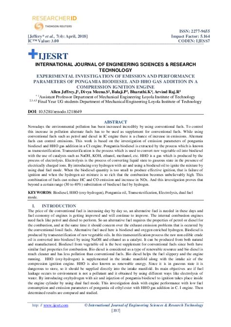 Pdf Experimental Investigation Of Emission And Performance Parameters Of Pongamia Biodiesel