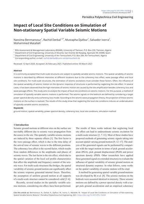 Pdf Impact Of Local Site Conditions On Simulation Of Non Stationary Spatial Variable Seismic