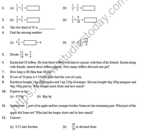 Class 7 Maths Fractions And Decimals Worksheet