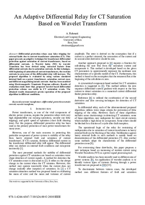 Pdf An Adaptive Differential Relay For Ct Saturation Based On Wavelet Transform