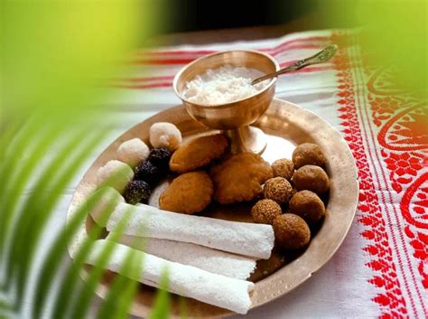Assamese Traditional Food Items Pitha Laddu Doi Sira Assamese Gamosa
