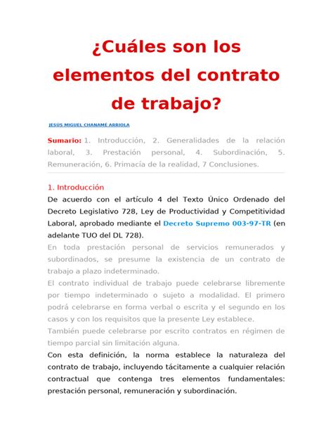 Cuáles Son Los Elementos Del Contrato De Trabajo Pdf
