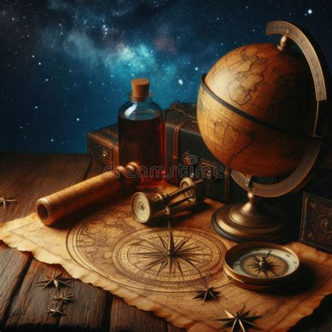 Old Maritime Navigation Map With Compass And Sextant Stock