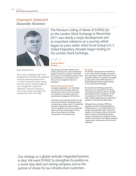 Evraz Plc 2011 Chairman S Statement Referencing The New Leaders Program