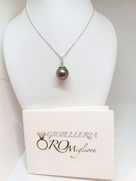 Collana In Oro Bianco Kt Con Perla Nera E Diamante Gioielleria Oro Migliore