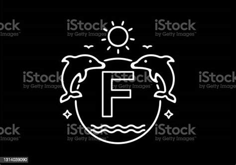 돌고래 프레임 디자인의 F 초기 이름의 화이트 블랙 라인 아트 일러스트 개념에 대한 스톡 벡터 아트 및 기타 이미지 개념