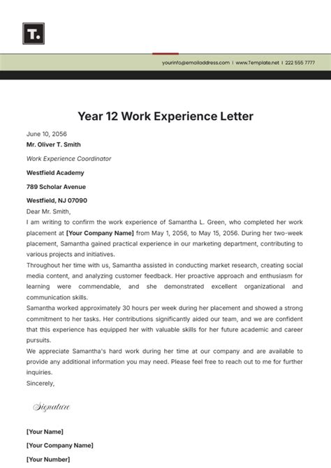 Free Year 12 Work Experience Letter Template To Edit Online