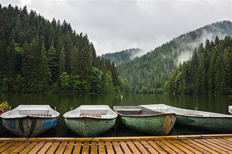 산의 호수 경치 Lacu Rosu 또는 보트 근처 해안 동부 Carpathians 루마니아 자연 풍경 배경으로 빨간 호수 레드