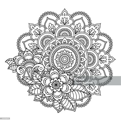 헤나 멘디 문신 장식에 대한 꽃 만다라의 형태로 원형 패턴 민족 동양 스타일의 장식 장식 개요 낙서 손 그리기 벡터 그림입니다 0명에 대한 스톡 벡터 아트 및 기타 이미지