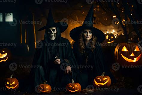 Two People Dressed In Witch Costumes And Pumpkins Ai Generated