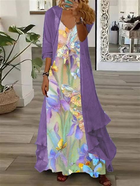Purple Floral Long Sleeve V Neck Two Pieces Maxi Dress Azzlee