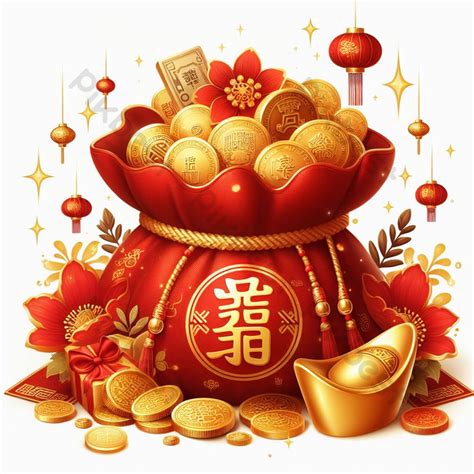 Red Fortune Bag Full Of Gold Coins And Chinese Gold Ingot On White