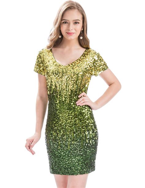 Maner Womens Sequin Glitter Short Sleeve Dress Sexy V Neck Mini Party Club Bodycon Dresses