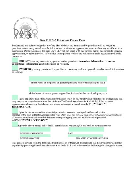 Over 18 Hipaa Release And Consent Form