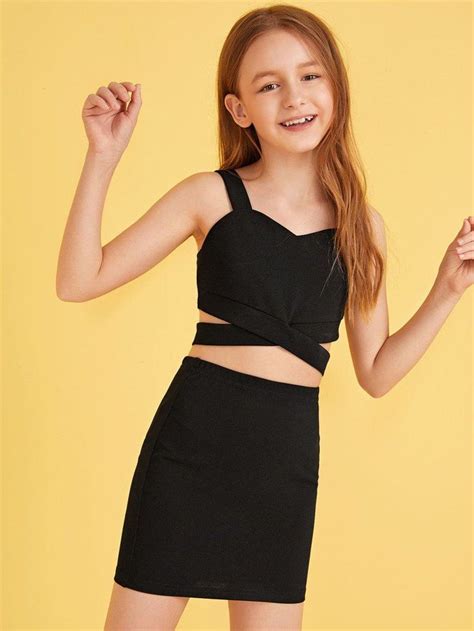 Shein Girls Crisscross Hem Tank Crop Top And Skirt Set Girls Outfits
