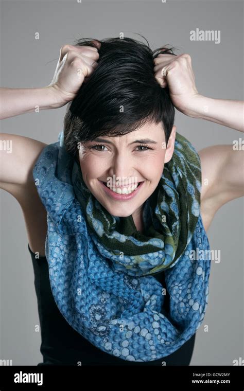 Angry Young Cute Short Hair Woman Pulling Hair With Clenched Teeth