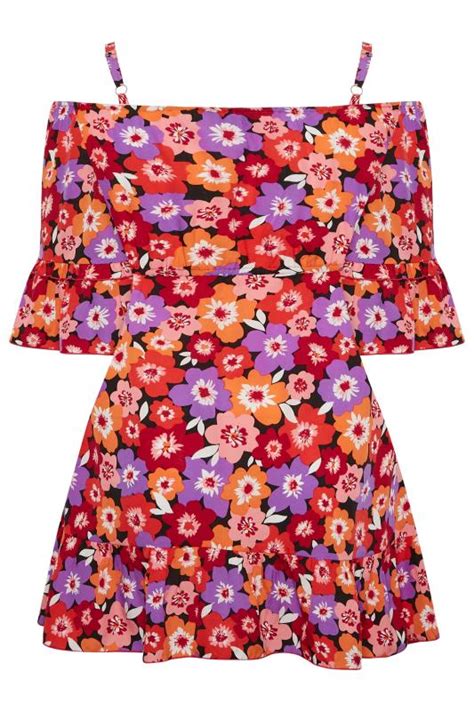 Plus Size Purple Floral Print Cold Shoulder Top Yours Clothing