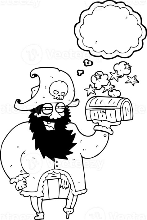 Hand Drawn Thought Bubble Cartoon Pirate Captain With Treasure Chest
