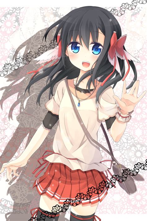 Safebooru 1girl Bag Black Hair Black Legwear Blue Eyes Bow Hair Bow