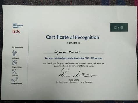 Im Happy To Share Certificate Of Recognition Issued By Tata Consultancy Services Ajinkya
