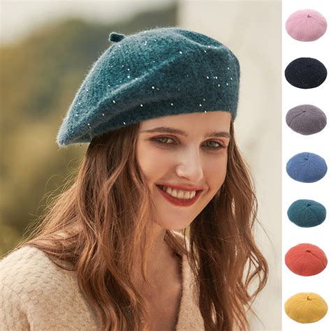 Wool Sequins Knitted Beret Hat French Style Beanie Hats Fashion Ladies