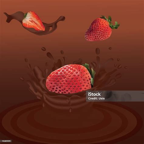 초콜릿 현실적인 3d 벡터에 딸기 스플래시 원시 딸기 과일입니다 전체와 밝아진 초콜릿 딸기 슬라이스 좋은 영양의 개념 건강 한 음식 및 라이프 스타일 벡터 일러스트 레이 션