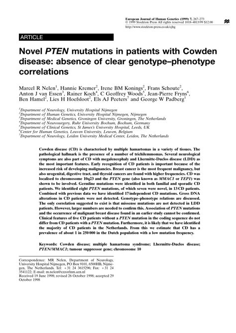Pdf Novel Pten Mutations In Patients With Cowden Disease Absence Of