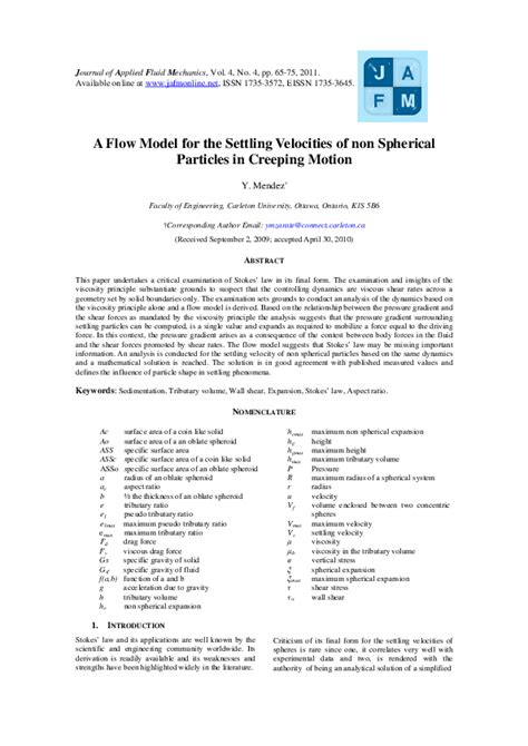 Pdf A Flow Model For The Settling Velocities Of Non Spherical Particles In Creeping Motion