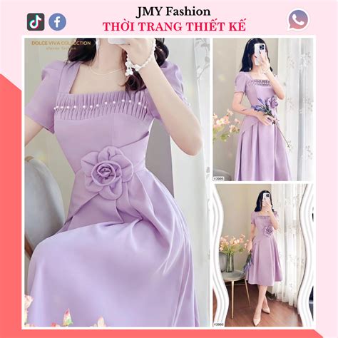 V3986 Luxurious Pearl Embellished Square Neck Purple Flared Dress
