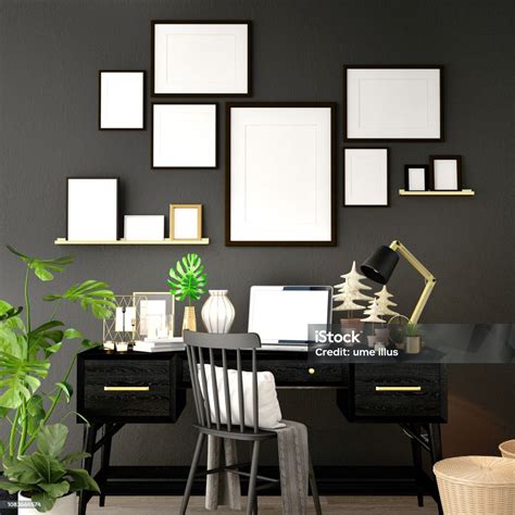 흰색 가기 책상 작업 공간 작업 배경 일 룸 구체적인 배경 3d 그림 3d 렌더링 인테리어 Destop 컴퓨터 화면으로 작업 공간을 위한 인테리어 디자인 0명에 대한 스톡