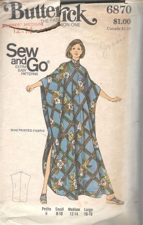 Butterick 6870 1970s Easy Pullover Caftan Pattern Mandarin Collar