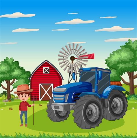 Agricultor En Tierras De Cultivo Con Tractor Y Granero Vector Premium