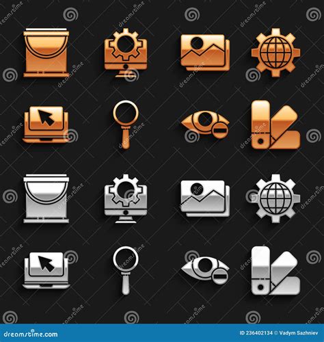 set magnifying glass globe of the earth and gear color palette guide