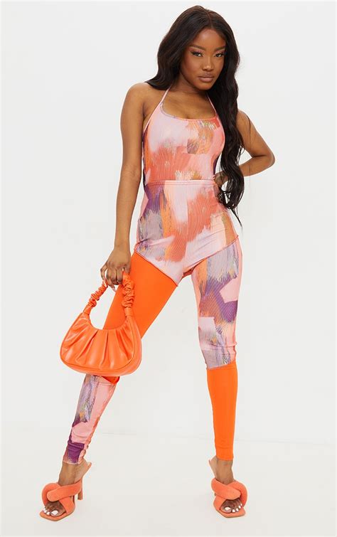 Orange Contrast Panel Lace Up Back Jumpsuit Prettylittlething