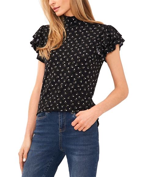 Cece Womens Mock Neck Double Ruffle Sleeve Floral Print Knit Top Macys