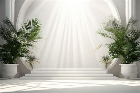 제품 프레젠테이션을 위한 추상 흰색 스튜디오 배경 창문과 꽃 야자나무의 그림자가 있는 빈 방 복사 공간이 있는 3d 공간 프리미엄 Ai 생성 이미지