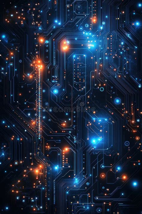 Futuristic Glowing Circuit Board Illuminated With Vibrant Blue And Orange Lights Stock Image