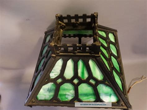 Antique Arts And Crafts Old Mission Era Green Slag Glass And Iron Parlor