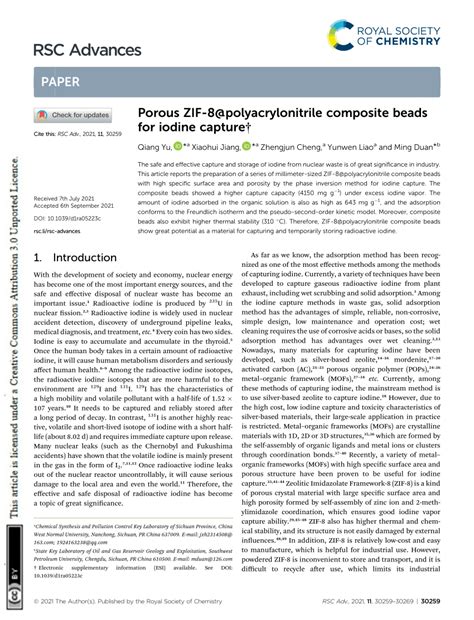 Pdf Porous Zif 8polyacrylonitrile Composite Beads For Iodine Capture