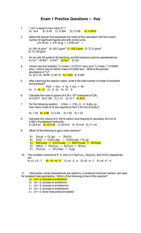Exam 1 Practice Questions With Answer Key General Chemistry Chm