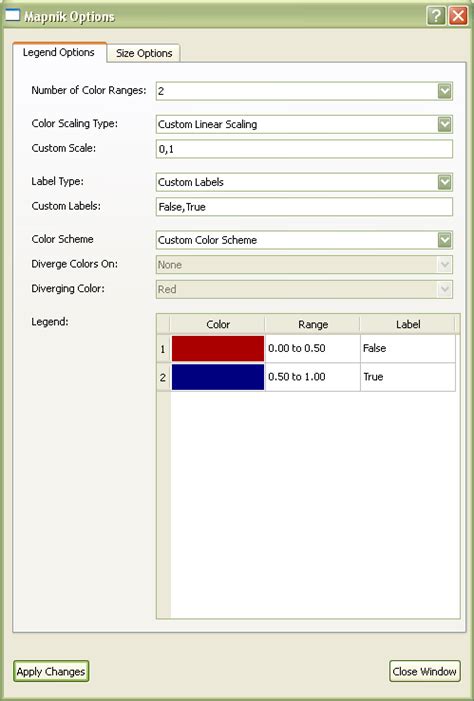 42 The Mapnik Map Options Window Showing Settings For A True False Map