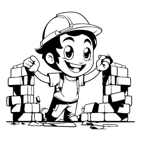 만화 소년 건설 노동자 벽돌 벽을 짓는 만화 캐릭터의 터 일러스트레이션 프리미엄 벡터