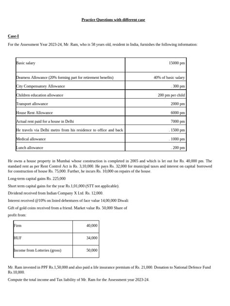 Hra And Pf Practice Question Pdf Income Tax Deduction