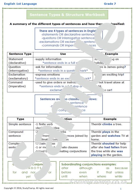 Grade 7 English Worksheet Sentence Types And Structure