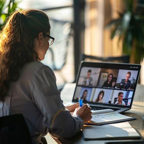 A Woman Sits At A Table With A Laptop Screen Open Premium Ai Generated Image