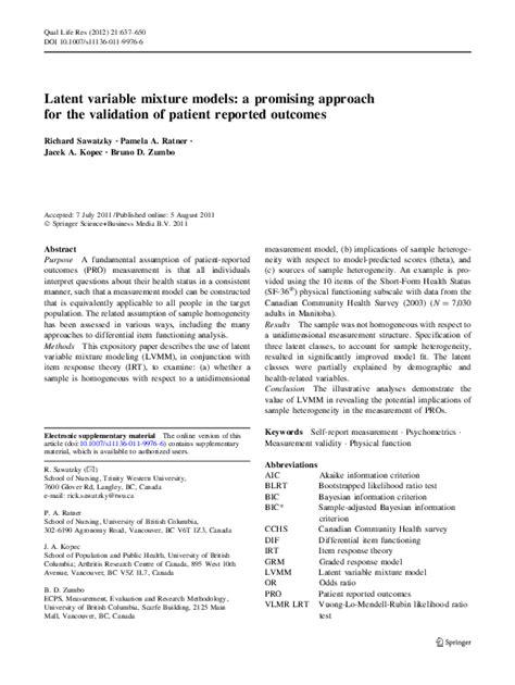 Pdf Latent Variable Mixture Models A Promising Approach For The Validation Of Patient