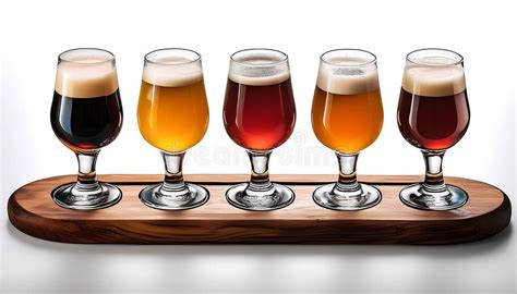 A Variety Of Beer Samples Displayed In Elegant Glasses On A Wooden Tray