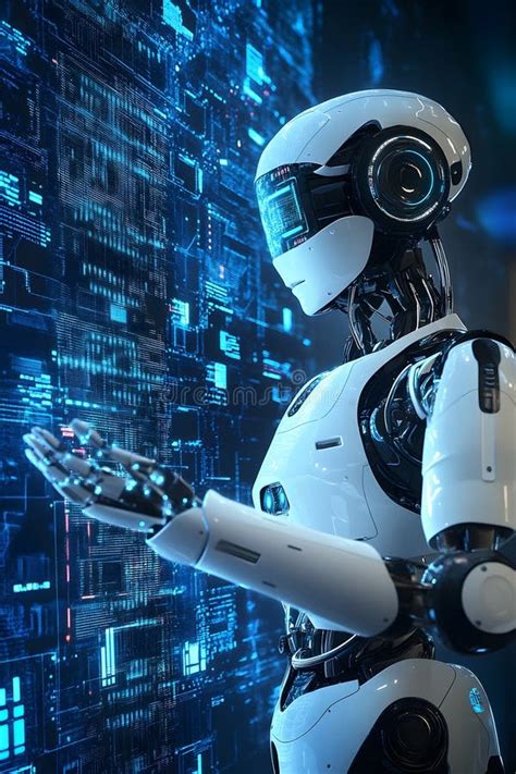 Humanoid Robot Interacting With Digital Data In A Futuristic