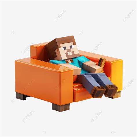 렌더링된 주황색 소파에 기대어 있는 3d 마인크래프트 캐릭터 소파 장식 내부 Png 일러스트 및 이미지 에 대한 무료